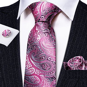 Barry.Wang Men Tie Set Paisley Pink Black Silk Necktie Pocket Square Cufflinks Formal Wedding Party Business