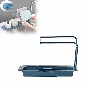 Telescopic Sink Storage Rack Holder Tray Expandable Drain Basket Rack Adjustable Sponge Soap Holder Drainer Sink Tray for Home Kitchen (BLUE)