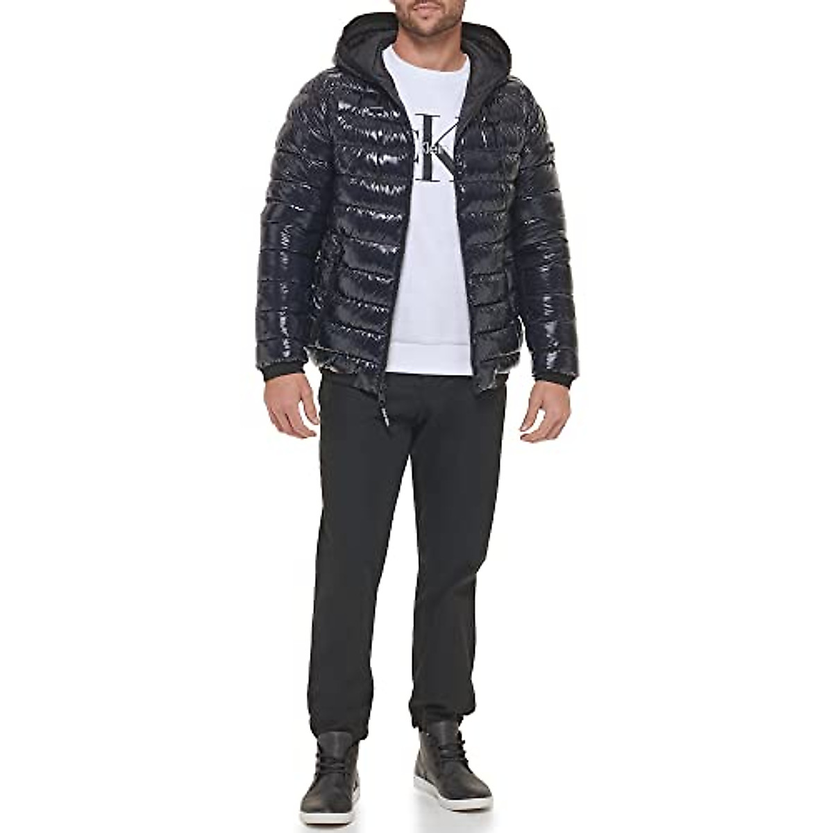 Calvin Klein Men's Hooded Super Shine Puffer Jacket, Navy, Small