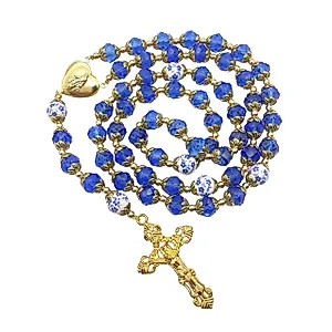 Nazareth Store Catholic Blue Crystal Beads Gold Rosary Flowers Beaded Necklace Miraculous Heart Locket Medal & Cross Religious Women Men Amulet