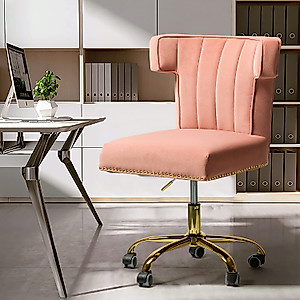 HULALA HOME Velvet Office Chair with Wingback and Decorative Nailhead, Adjustable Swivel Modern Armless Desk Chair, Cute Vanity Chair for Women (Gold Base, Fushia)