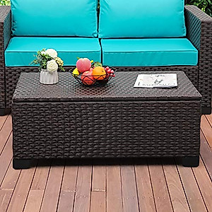 Outdoor Storage Table Wicker Patio Coffee Table All-Weather Rattan Side Table with Waterproof Cover, Brown