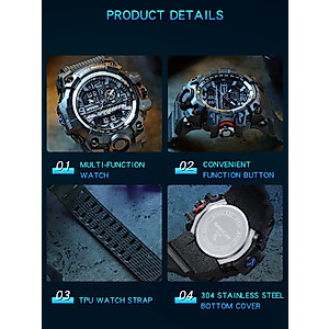 AIMES Men's Watches Sports Outdoor Waterproof Multi Function Military Watch for Men Date LED Large Face Tactics Dual Time Watch with Alarm Stopwatch Wristwatch