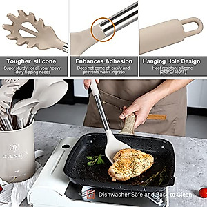 Hvygss Kitchen Utensil Set, 28 Pcs Silicone Cooking Utensils Set, Stainless Steel Handle Silicone Spatula Set with Silicone Whisk, Tongs, Ladle, Scissors, Measuring Cups and Spoons Set (Khaki)