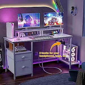 Furologee White Computer Desk with Drawer and Power Outlets, 47" Office Desk with 2 Monitor Stands and Fabric File Cabinet, Writing Gaming Table with Shelves and 2 Hooks for Home Office