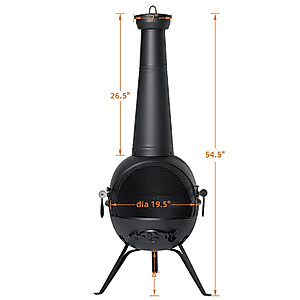 SINGLYFIRE Chiminea Fireplace Outdoor Prairie Fire Deck or Patio Backyard Wooden Fire Pit with Chiminea Cover Rust-Free Iron Black