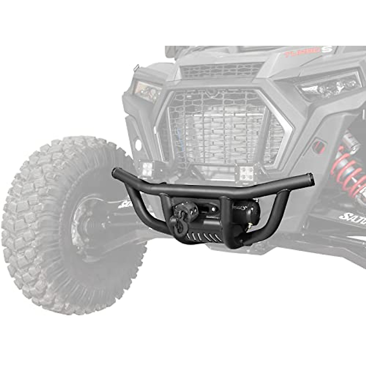 SuperATV Winch-Ready Front Bumper for Polaris RZR XP Turbo S (See Fitment) - Made of Heavy Duty Steel Tubing - 4500 Lb. SuperATV Winch with Synthetic Rope Included - Black, UV Resistant Powder Coating