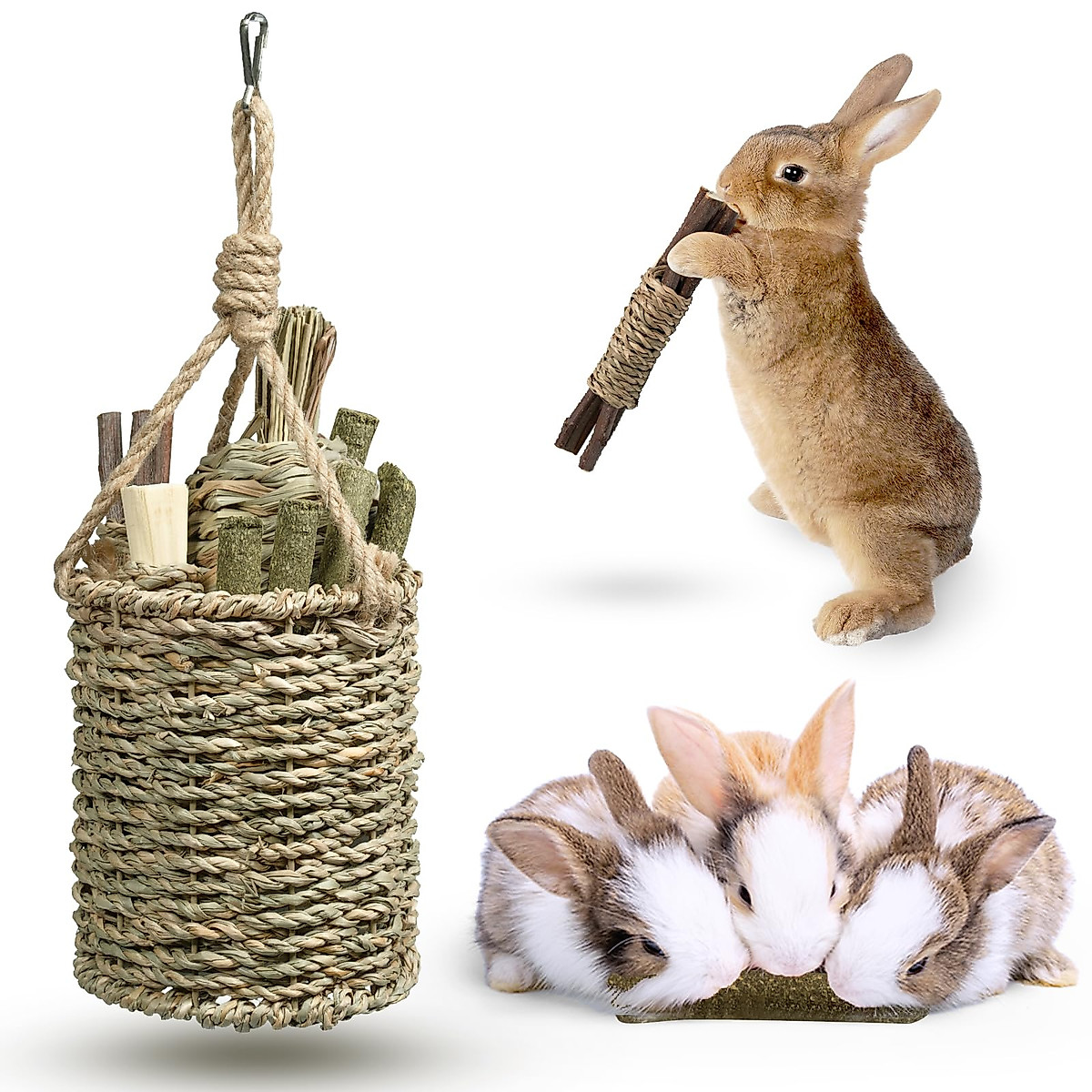 DBLPMF Rabbit Chew Toys,Natural Seagrass Hanging Basket with Sweet Bamboo,Timothy Hay,Water Plant Radish,Apple Sticks for Bunny Chinchillas Guinea Pigs Hamsters Rats Teeth Grinding