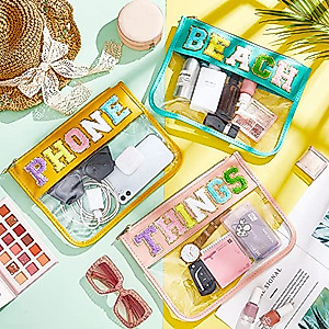 3 Pcs Chenille Letter Clear Zipper Pouch for Travel Waterproof Cosmetic Pouch Clear Snack Bags Nylon Travel Gym Beach Bag Multipurpose Makeup Bag for Women Girl (Candy Color, Beach, Phone, Things)