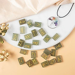 BEZAVO Green Jade Rune Stones with Pendant Silver Ring, 25 pcs Rune Stone with Engraved Elder Futhark Chakra Runes Crystal Set, Viking, Divine Meditation Witchcraft Reiki Supplies Gift for Home Decor