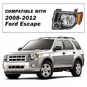 SOCKIR Headlight Assembly Compatible with 2008-2012 Ford Escape Passenger & Driver Side (Black Housing with Amber Reflector)