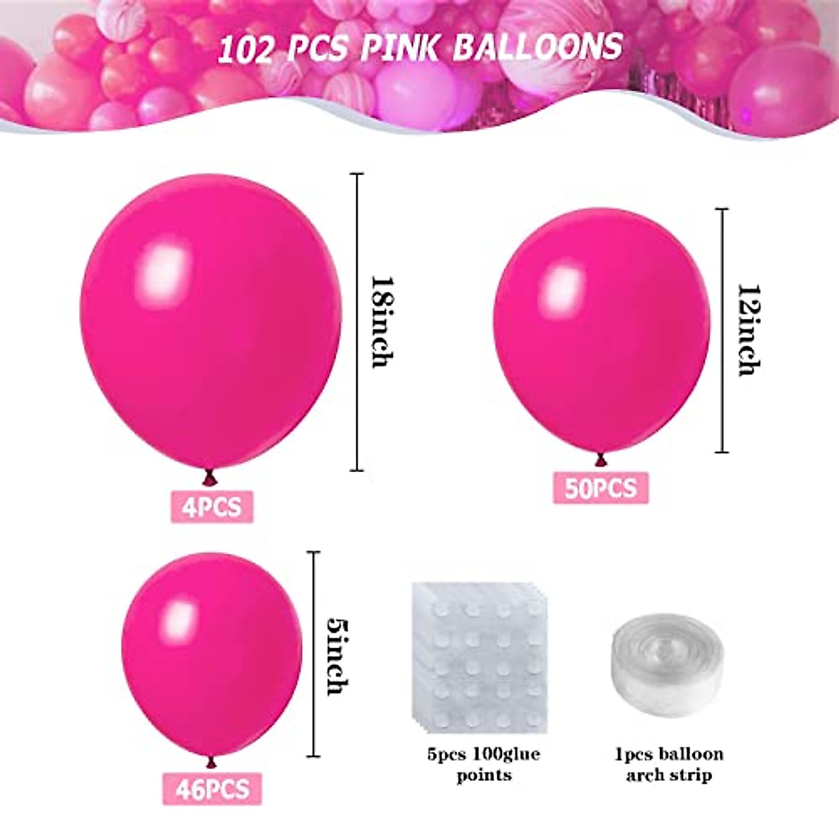 Hot Pink Balloons 100 Pack Hot Pink Balloons Different Sizes 18 12 5 Inch Hot Pink Balloon Garland Arch Kit for Girl's Baby Shower Birthday Wedding Party Valentines Day Decor