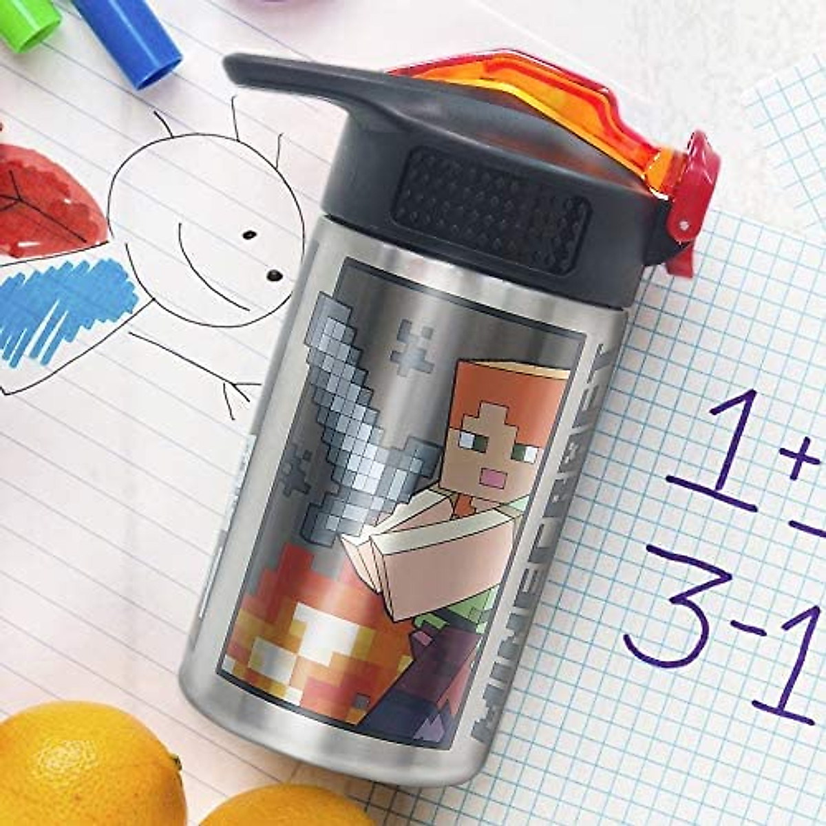 Zak Designs Minecraft - Stainless Steel Water Bottle with One Hand Operation Action Lid and Built-in Carrying Loop, with Straw Spout is Perfect for Kids (15.5 oz, 18/8, BPA-Free)