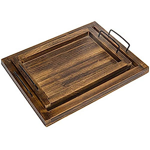 MyGift Rustic Burnt Wood Decorative Tray with Handles, Rectangular Breakfast Ottoman Serving Tray, Set of 2