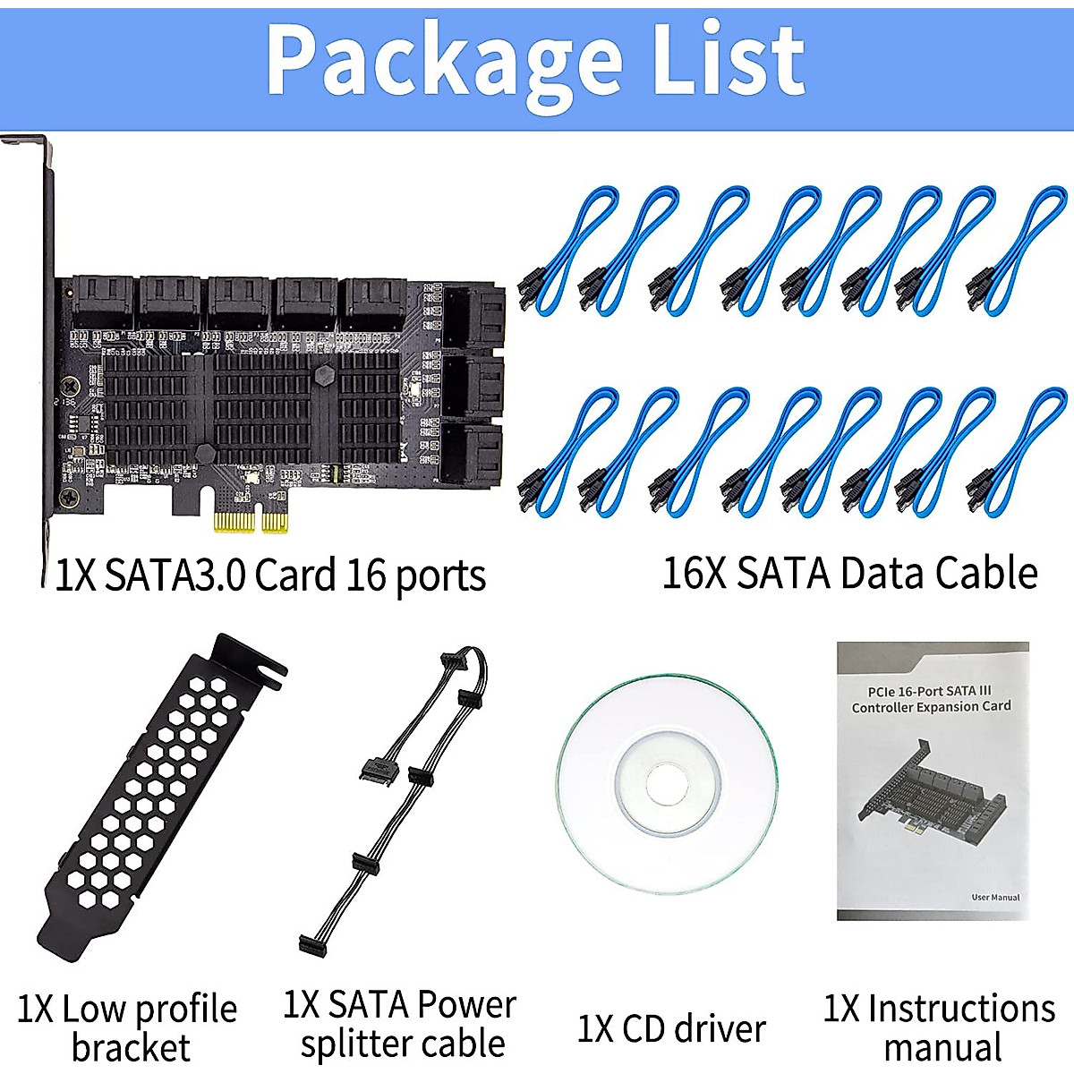ACTIMED PCIE SATA Card 16 Port with 16 SATA Cable, 6 Gbps SATA 3.0 Controller PCI Express Expansion Card with Low Profile Bracket, Support 16 SATA 3.0 Devices, Compatible with Windows,MAC,Linux System