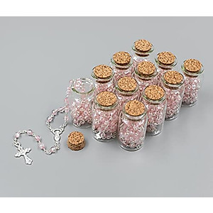 Baptism Favor (12PCS) Holy Communion Rosary in Glass Bottle Jar Recuerdos De Bautizo Quinceanera Clear Pink Pearl Christening Recuerdos para Primera Comunion Niño Quinceanera/Gift for Guests