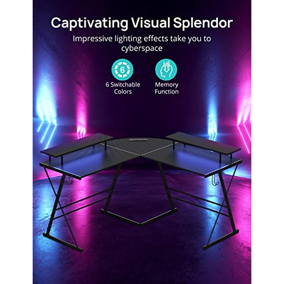 Evajoy Gaming Desk, L Shaped Computer Corner Desk, 53" Ergonomic Gaming Table with Monitor Stands, PC Desk with LED Strips and Power Outlets, Carbon Fiber Surface with Cup Holder, Headphone Hook
