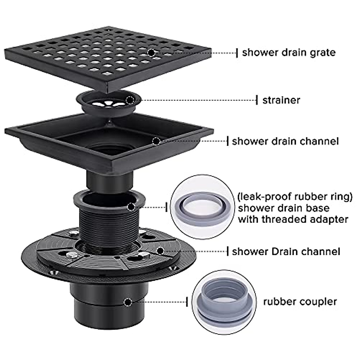 Shower Drain SUS 304, Lemecima 6 Inch Square Floor Drain with Flange, Quadrato Pattern Grate Removable for Bathroom, Hair Drain Cleaner Tool, Matte Black
