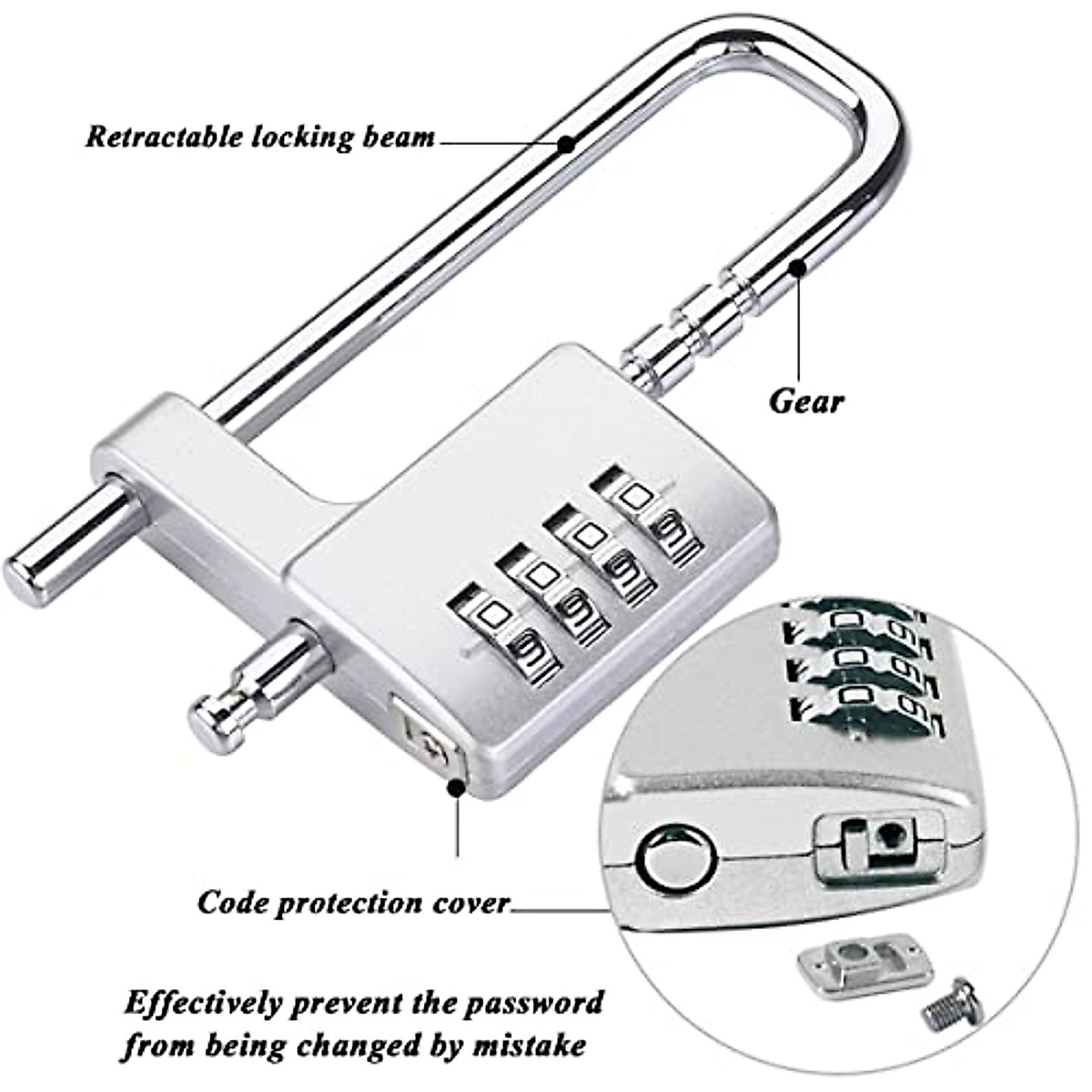 Padlock, Combination Lock, 4 Digit Combination Padlock, 2-1/2" (64mm) Wide Body. 3/8 inch Stainless Steel Retractable Long Shackle is Suitable for Outdoor, School, Gym, Sports lockers, Fences,