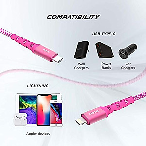 iHome USB C to Lightning Cable: Nylon Braided, Apple MFi Certified,for iPhone 12/12 Pro/12 Pro Max/12 Mini/ 11/11 Pro/ 11 Pro Max, AirPods Pro(Supports Power Delivery w/18W Type C Charger),10 Ft,Pink