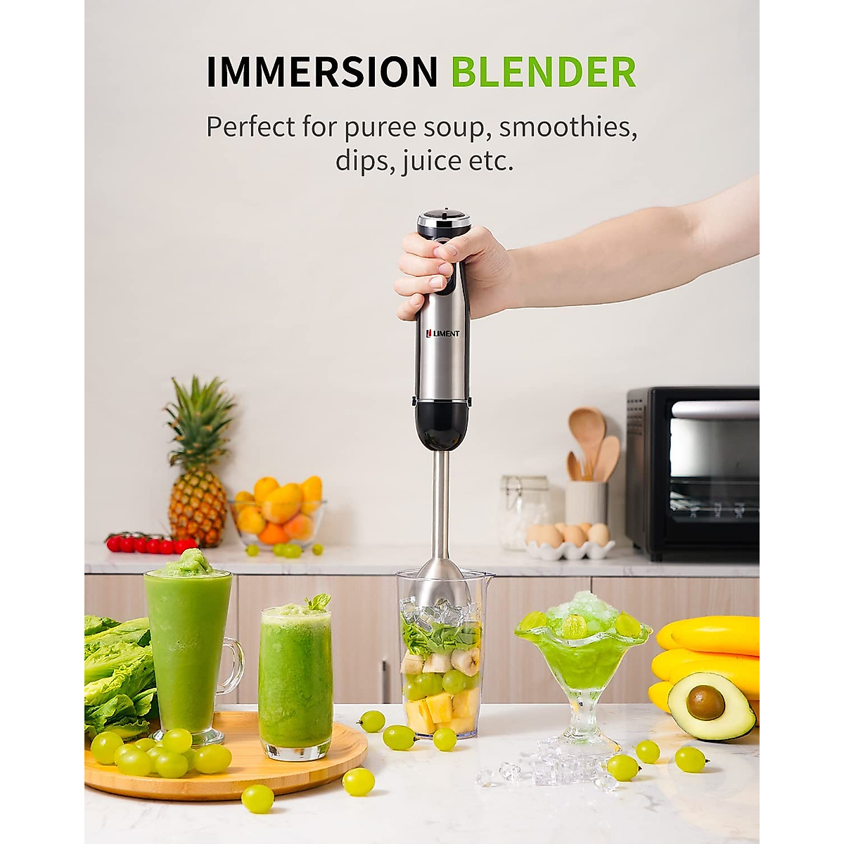 LIMENT 5-in-1 Multi-Purpose Hand Blender, 20-Speed Immersion Blender, Heavy Duty & Low-Noise DC Motor, With Food Chopper, Whisk, Milk Frother, Mixing Beaker, BPA-Free
