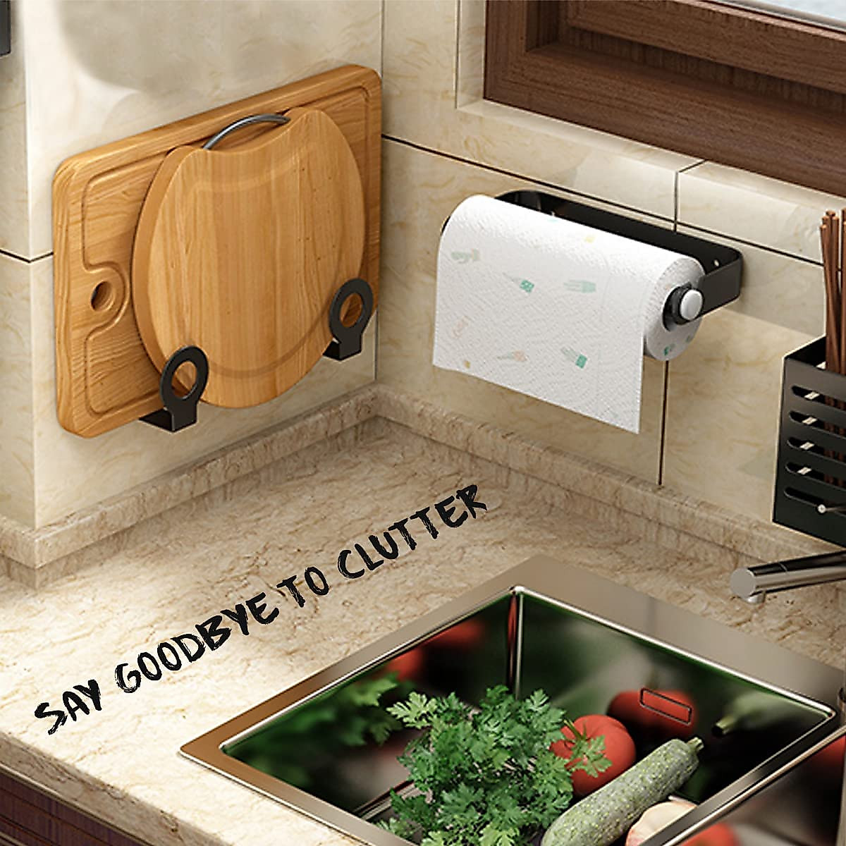 Paper Towel Holder Under Cabinet - Matte Black Paper Holder for Kitchen Easy Installation No Drilling Aluminium Wall Mount Paper Towel Holder for Pantry Sink Bathroom with 3 Adhesive Hooks, Easy Tear