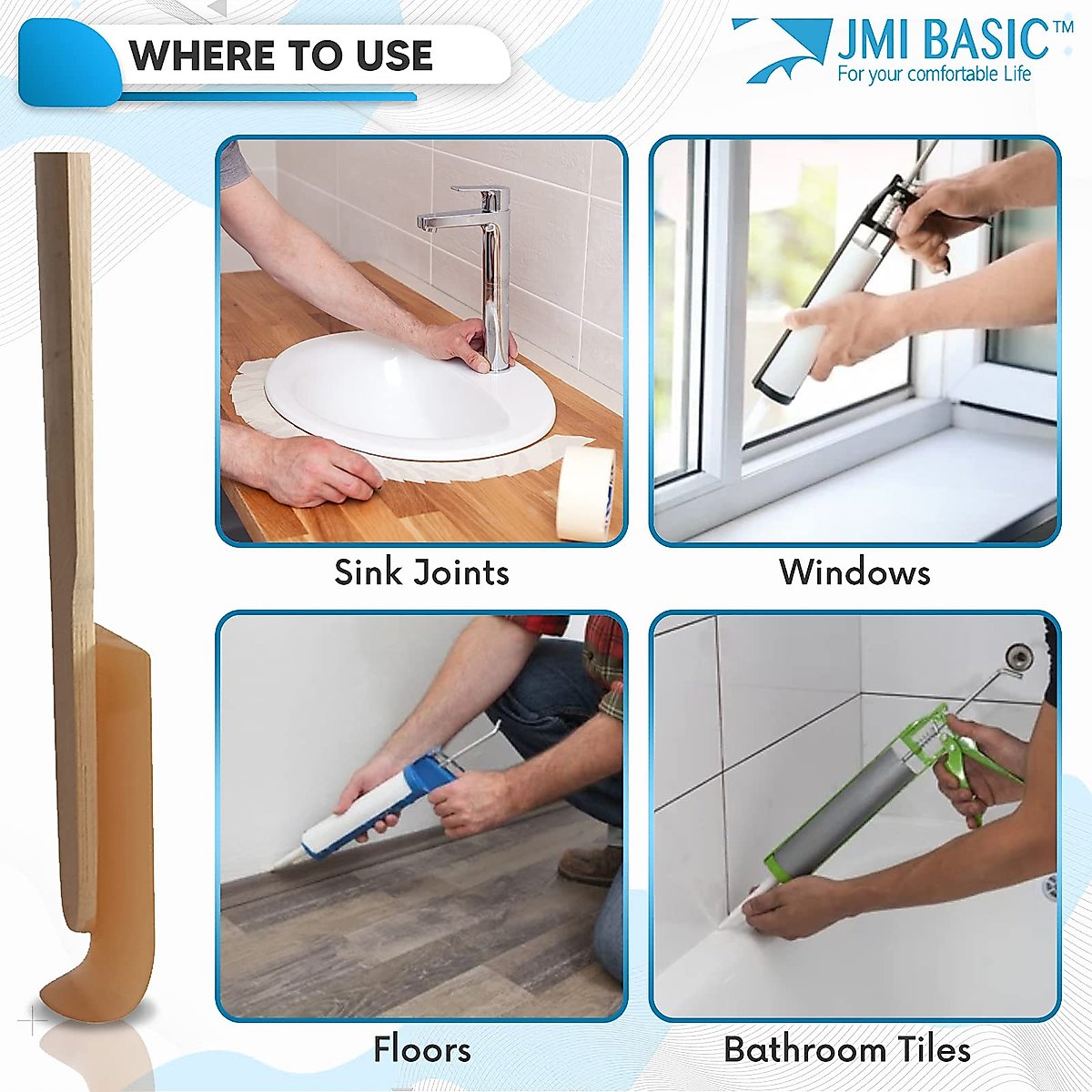 JMIBASIC Grout Caulk Finishing Tool - Multi Size 4 Pieces Set - Smooth Grout Sealant Silicone Caulking Tool - Rubber Spatula Spreader - Grout Sealer Applicator - Ergonomic Handle Grip_ABS (1.1 Inch)
