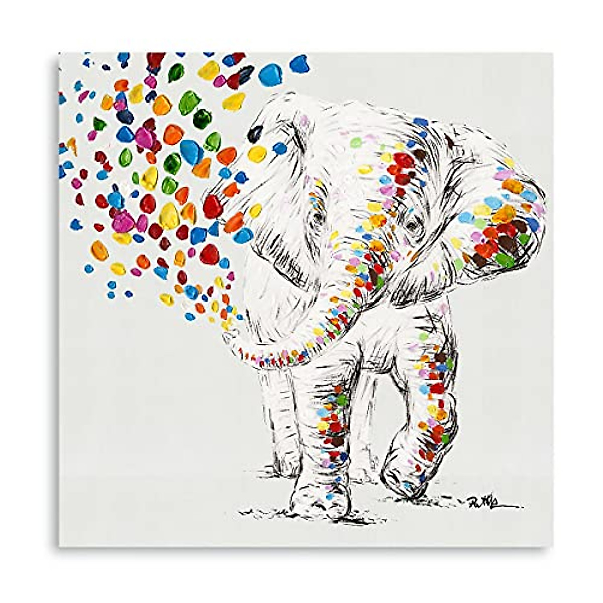 Happy Elephant Canvas Wall Art Cute Elephant Spraying Water Picture Print for Kids Room Bathroom Poster Framed Ready to Hang (14"x14"x1 Panel)