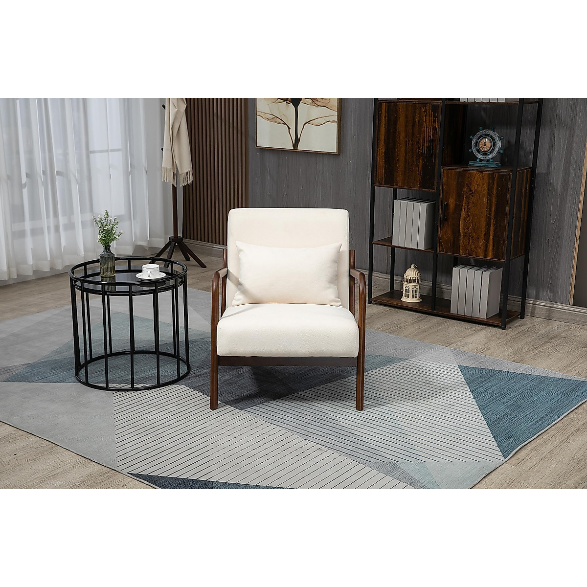 Prohon Mid Century Accent Solid Wood Frame & Waist Cushion, Comfy Upholstered Living Room Chairs, Lounge Reading Armchair for Bedroom Sunroom, Easy Assembly, White