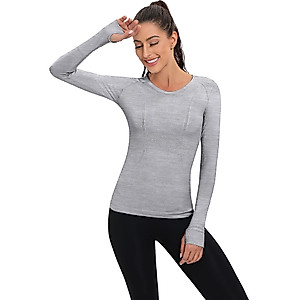 2 Pieces Women Long Sleeve Workout Shirt Seamless Workout Shirts with Thumb Holes Fitted Top Sports Yoga Athletic Shirt Top (Gray, Blue, X-Small)