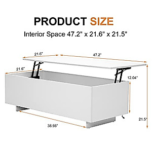 High Gloss Lift Top Table with Led Lights, Led Coffee Table with Storage Shelf and Hidden Compartment for Home Living Room Reception Room Office, White