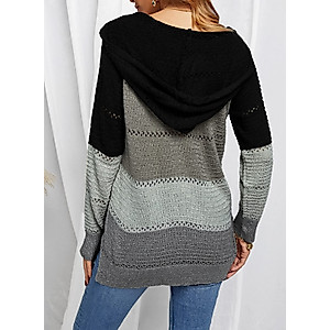 FEKOAFE Women's Cute Color Block V-Neck Long Sleeve Pullover Drawstring Hoodies Pullover Sweatshirts Black S