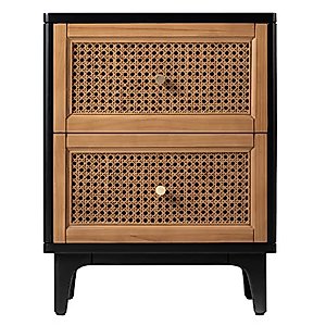 COZAYH Fully-Assembled 2-Drawer Woven Cane Front Accent Nightstand with Brass Knobs for Living Room, Bedroom, Black