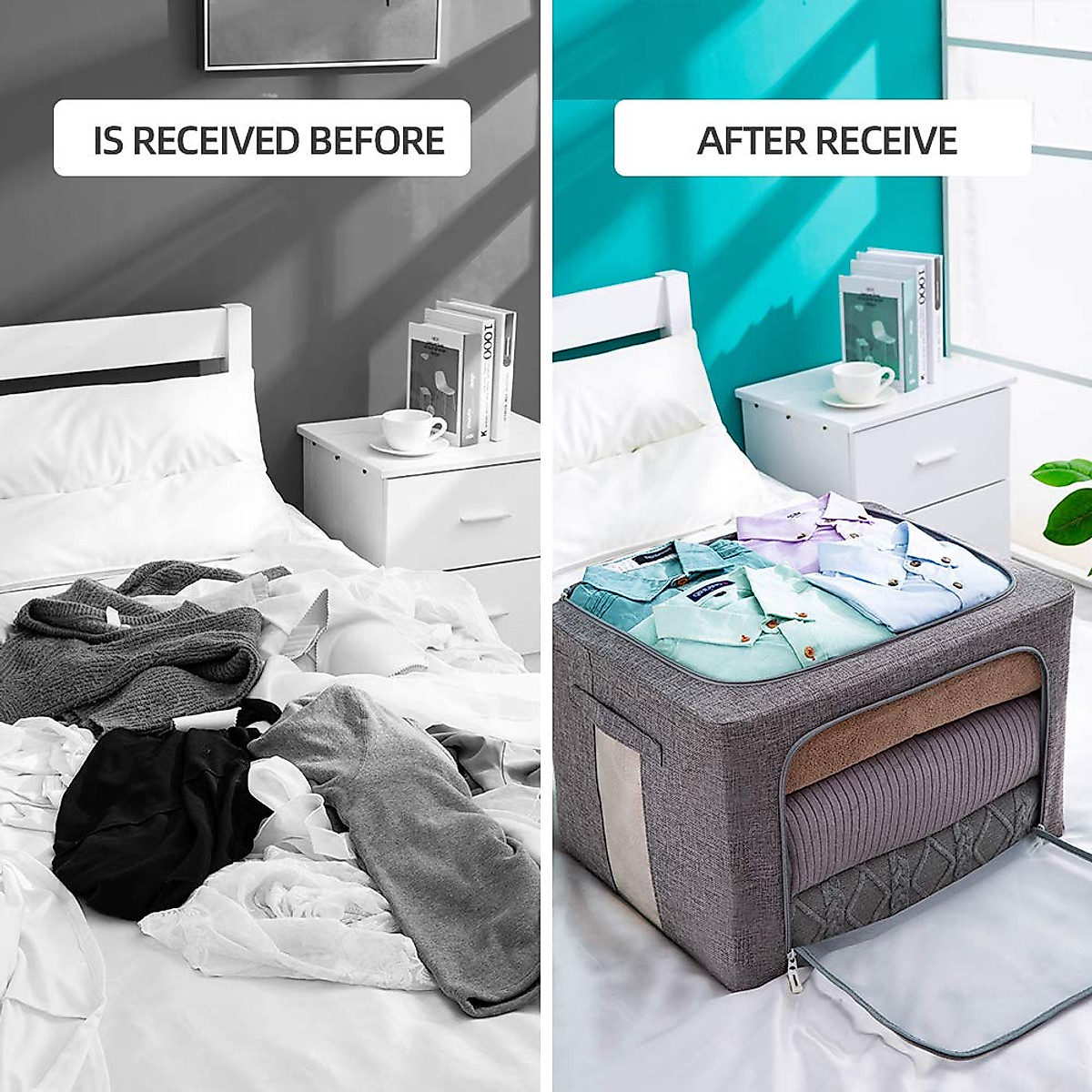 FHSQX Clothes Storage Bins,Foldable Clothing Storage Box,Stackable Steel Frame Oxford Fabric Organizer with Clear Window & Carry Handles (Beige, (15.7 * 12 * 8) x2)