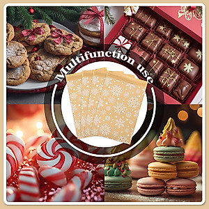 Whaline 100Pcs Christmas Kraft Treat Bags Self-Adhesive Winter White Snowflake Prints Goodie Snack Gift Bags Xmas Candy Buffet Kraft Bags for Winter Holiday Party Favor Supplies