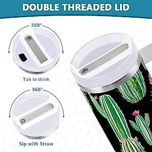 ODAWA 40oz Travel Insulated Tumblers with Straw and Handle, Cacti Pink Flowers Black Double Wall Insulated Tumbler