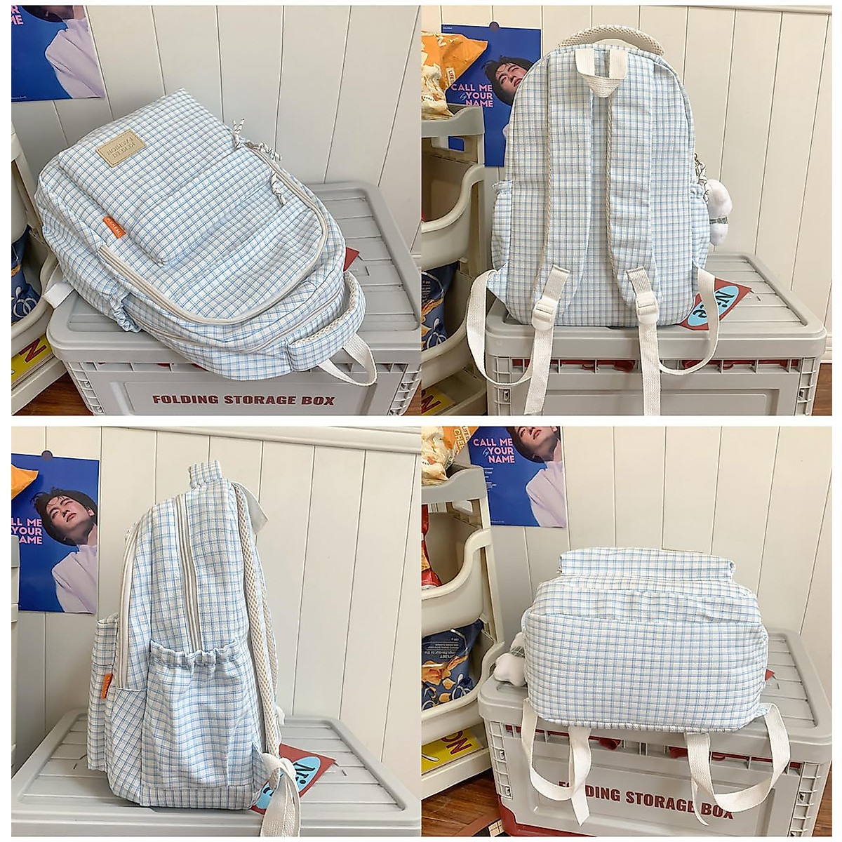 MOVEIF Striped Canvas Backpack with Cute Accessories Lightweight Shoulder Bag Casual Travel Daypack (Pink)