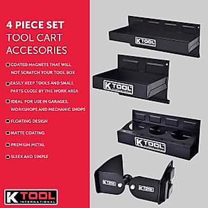 K Tool International 72462A Magnetic Toolbox Shelf, Tray, and Holder Set for Garages, Repair Shops, and DIY, Rubber Coated Magnets, (2) Trays, (1) Paper Towel and Spray Can Holders, Black, 4-Piece