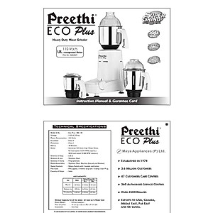 Preethi Eco Plus Mixer Grinder 110 Volts - Free Service Kit Included (3 Jar with Extra 1.75L Jar)