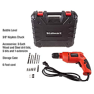 Stalwart 75-PT1037 Electric Power Drill with 6-Foot Cord – Variable Speed, Reversable Wired Screwdriver with Bubble Level, Carrying Case & Accessories