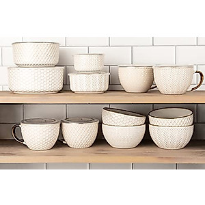 KooK Ceramic Soup Mugs, Embossed, with Handle and Vented Plastic Lid, Microwave and Dishwasher Safe Travel Cups, Cream with Dark Copper Accents, 18 oz, Set of 2, Narbonne Collection