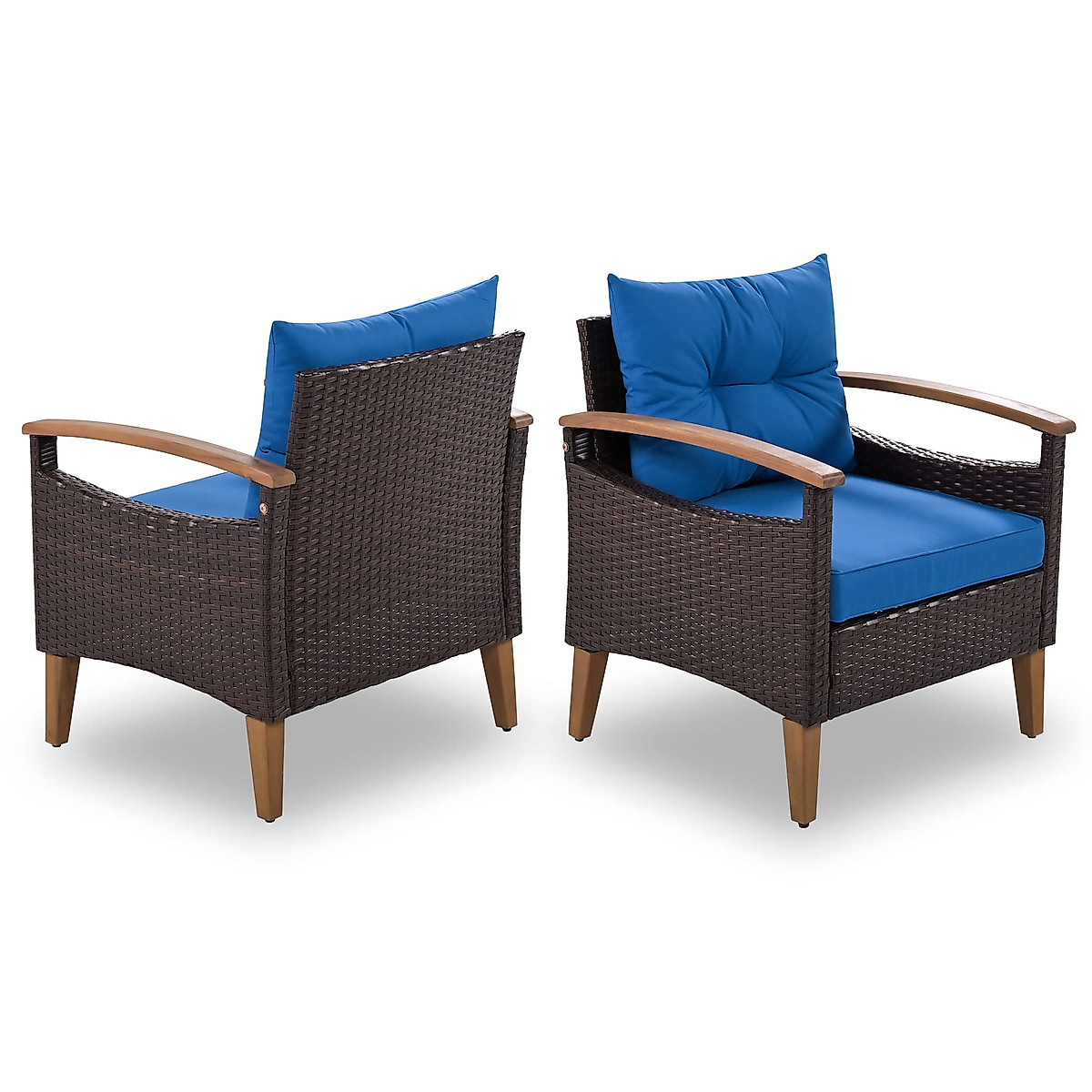 Hlcodca 4 Piece Wicker Patio Conversation Furniture Set,PE Rattan Patio Seating Set with Acacia Wood Tabletop and Legs, Outdoor Sofa Set for Balcony, Porch, Backyard (Brown and Blue/)