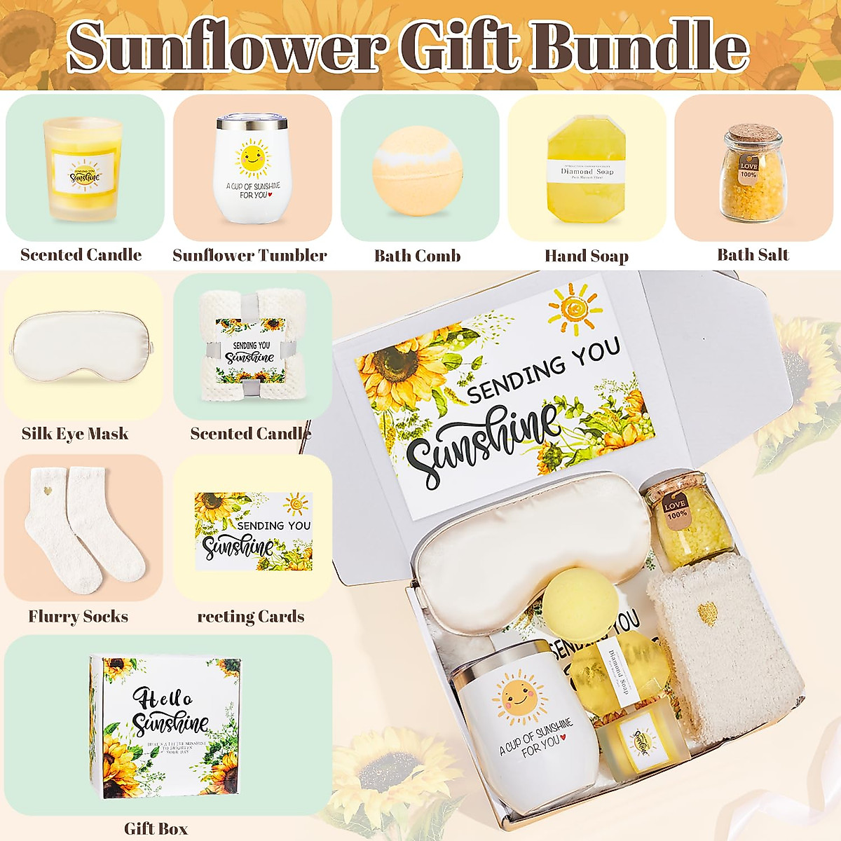 Get Well Soon Gifts for Women, Sunflower Gifts Care Pacakge with Sunshine Tumbler and Luxury Blanket Thinking of You Relaxing Spa Gifts for Mom Sister Grandma