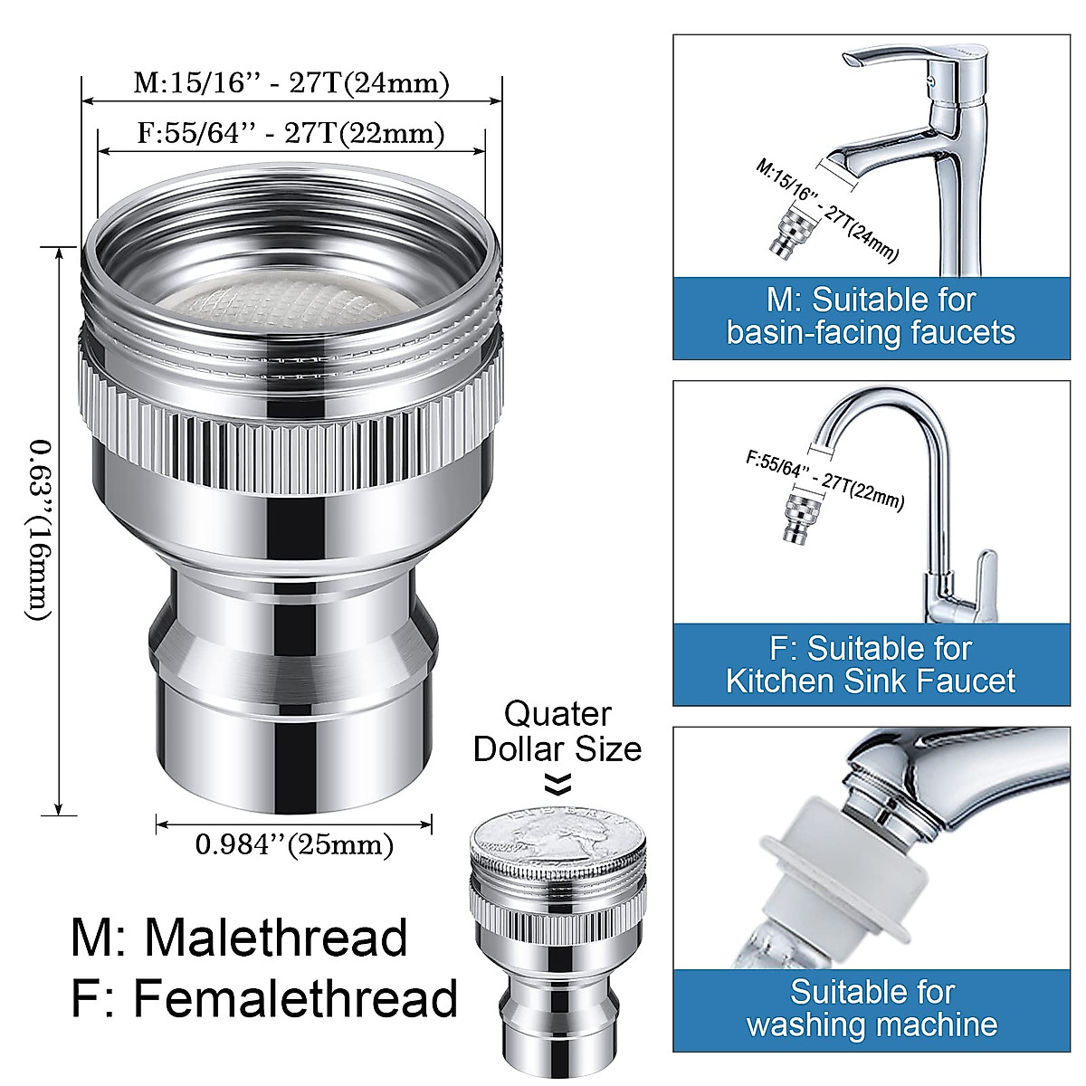 Dreyoo 2 Pcs Dishwasher Faucet Adapter, Dishwasher Snap Adapter Connection 15/16-27Male or 55/64-27Famale Chrome (With Filter)