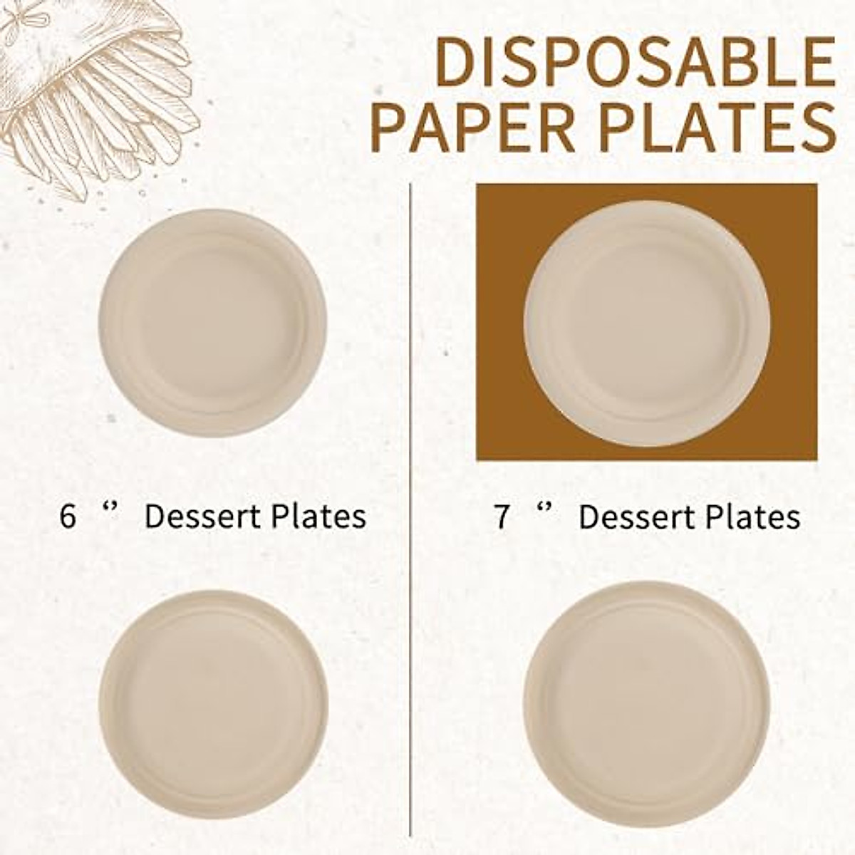 Moretoes 125 Pack 7 Inch Compostable Paper Plates, Plates Disposable Heavy Dutys, Natural Sugarcane Bagasse, Microwavable Plates Bulk (Unbleached)
