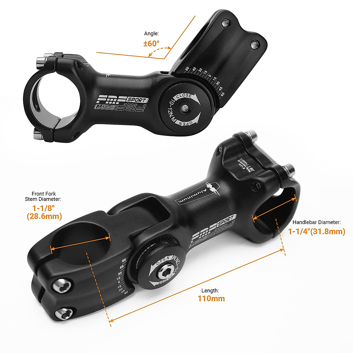 Himiway 31.8mm Bike Stem 110mm ±60 Degree Adjustable MTB Stem Aluminum Alloy Bicycle Handlebar Stem Extender Riser for Most Mountain Bike Road City Bike MTB (Only Fit 1.25"/31.8mm Handlebar)