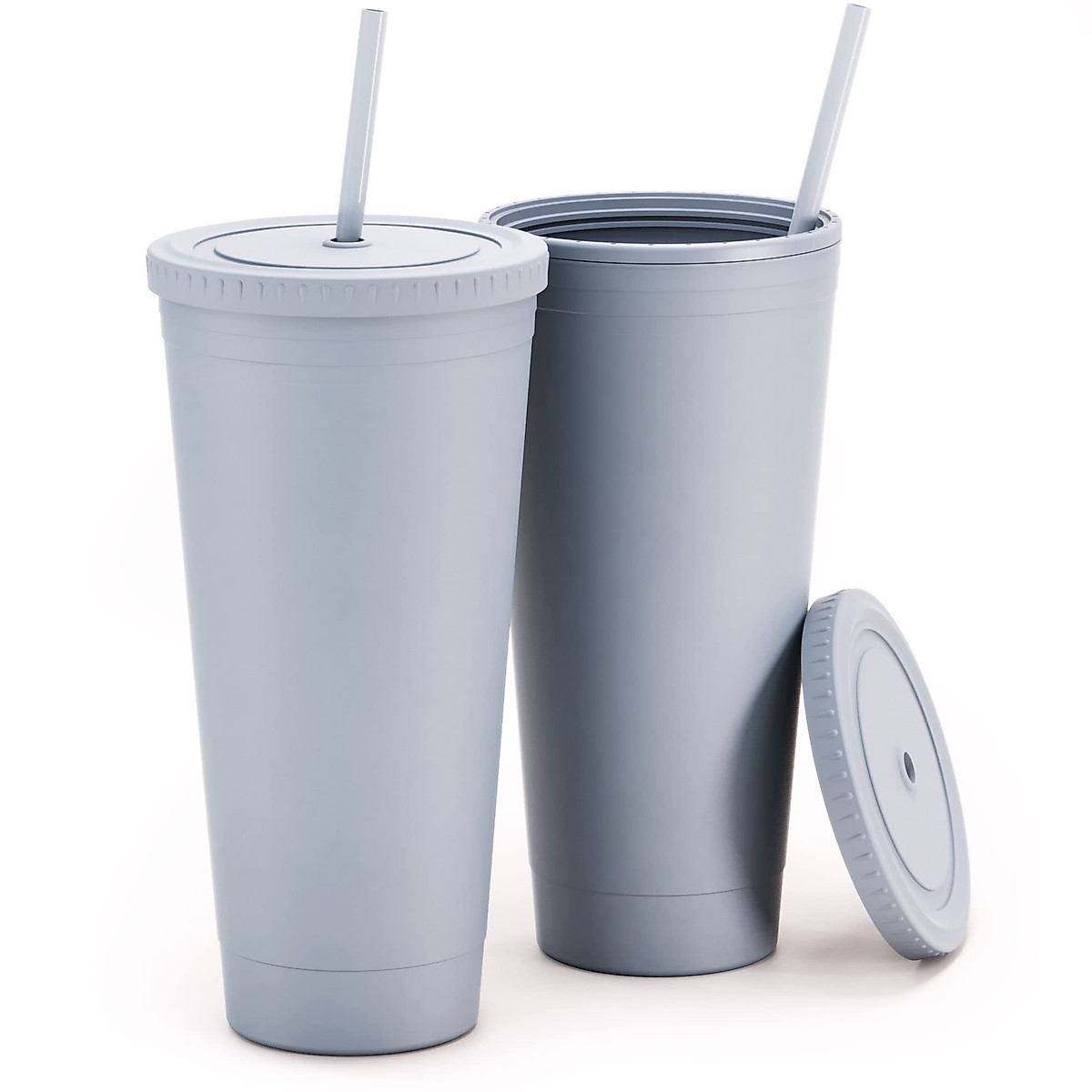 Maars Acrylic Travel Tumbler with Lid and Straw | 32oz Premium Insulated Double Wall XL Plastic Reusable Cups - Matte Dusty Blue, 2 Pack