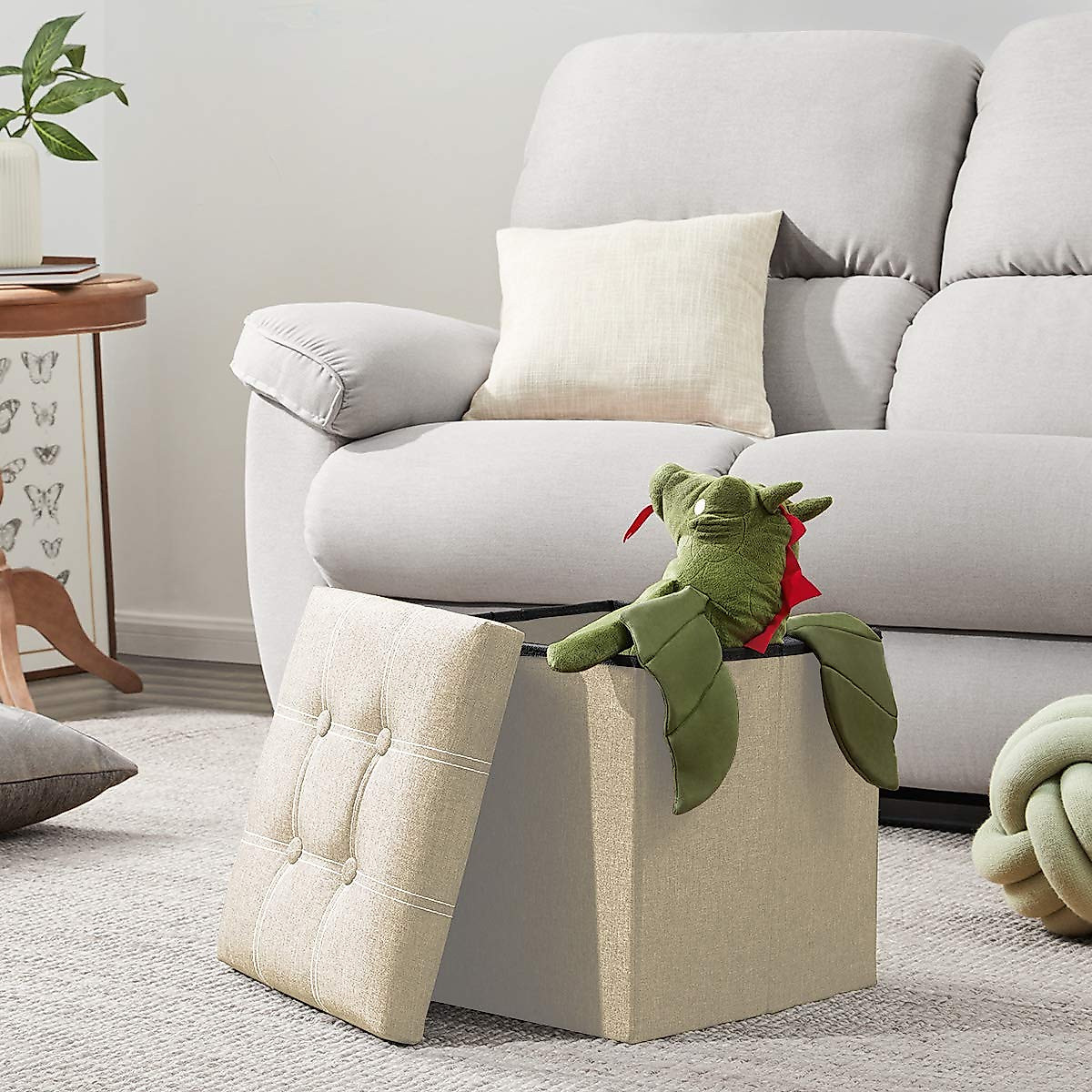 YOUDENOVA 15 inches Storage Ottoman Cube, Foldable Storage Boxes Footrest Step Stool, Padded Seat for Dorm Living Room, Support 300lbs, Line Fabric Beige