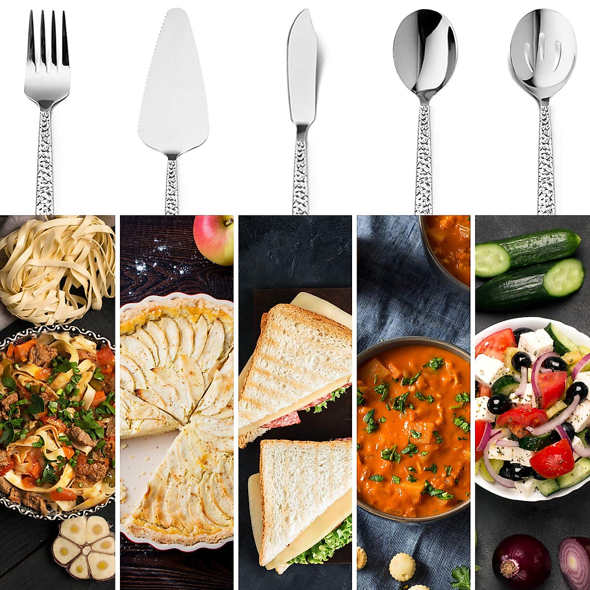 65-Piece Silverware Set with Serving Pieces, E-far Stainless Steel Hammered Flatware Eating Utensils Service for 12, Modern Tableware Cutlery Set with Square Edge, Mirror Polished, Dishwasher Safe