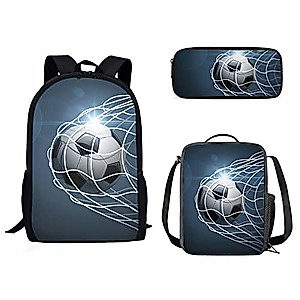 STUOARTE Soccer Ball Backpack for Boys, 3 Pcs 3D Soccer Ball School Bags with Lunch Box Pencil Case for Teens Children, Lightweight Large Students Shoulder Bookbag for Middle School